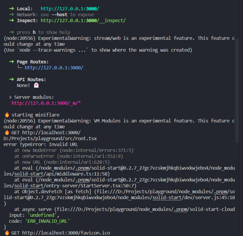 Unable To Locally Run Solid Start App In Dev Environment With Miniflare And Cloudflare Workers