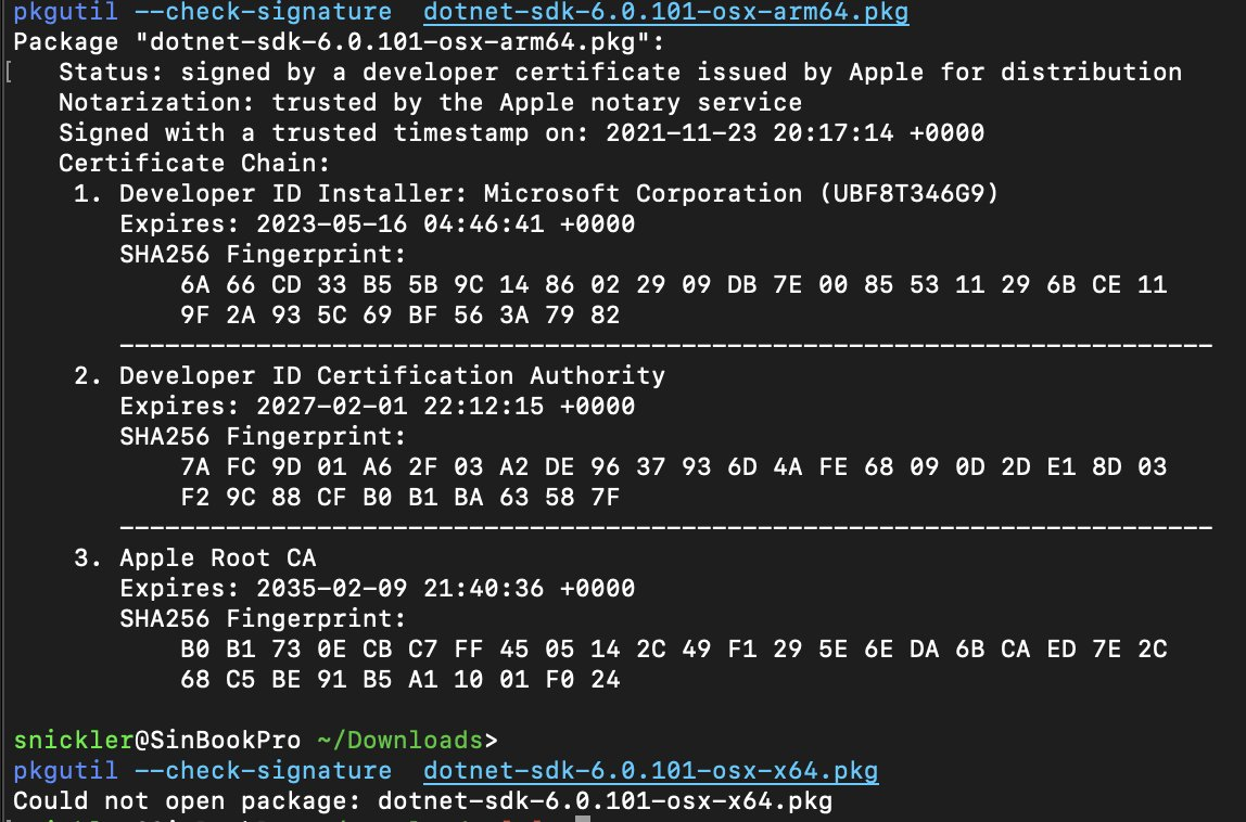 Issue opening/installing .NET 6.0.10, 3.1.416, 5.0.404 x64 from the installer pkg on macOS 12.2 ...