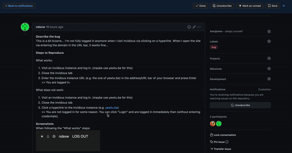 [Bug] Not (fully) logged in when visiting invidious instance via hyperlink · Issue #3132 · iv ...