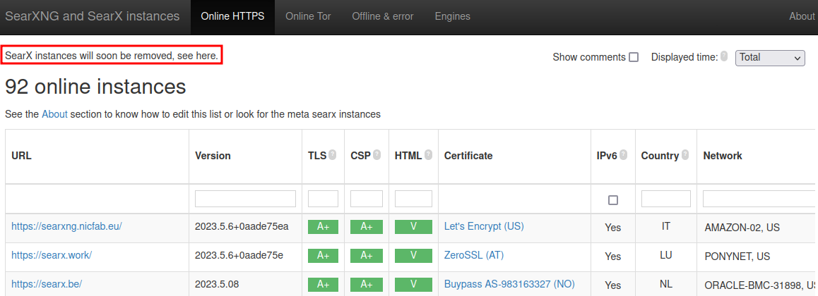 Add notice that SearX instances will get removed · Issue #141 · searxng/searx-space · GitHub
