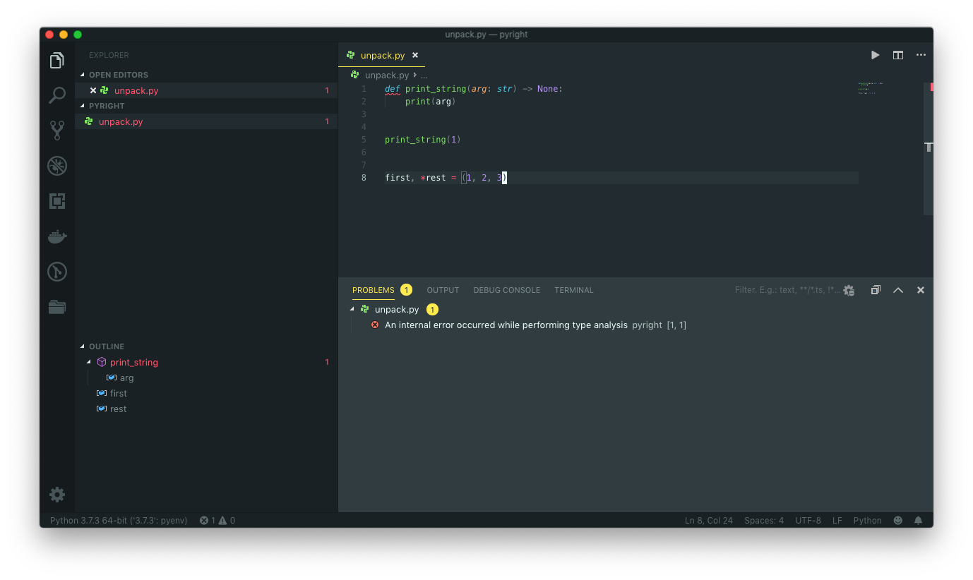 Internal error when using Extended Iterable Unpacking · Issue #178 · microsoft/pyright · GitHub