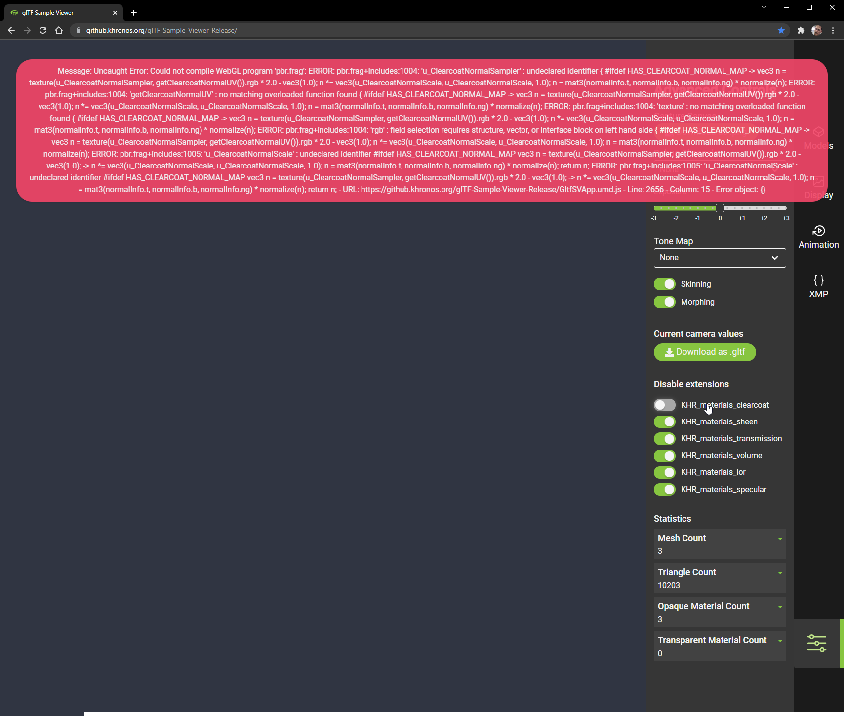 Uncaught Error when disabling KHR_materials_clearcoat · Issue #362 · KhronosGroup/glTF-Sample ...
