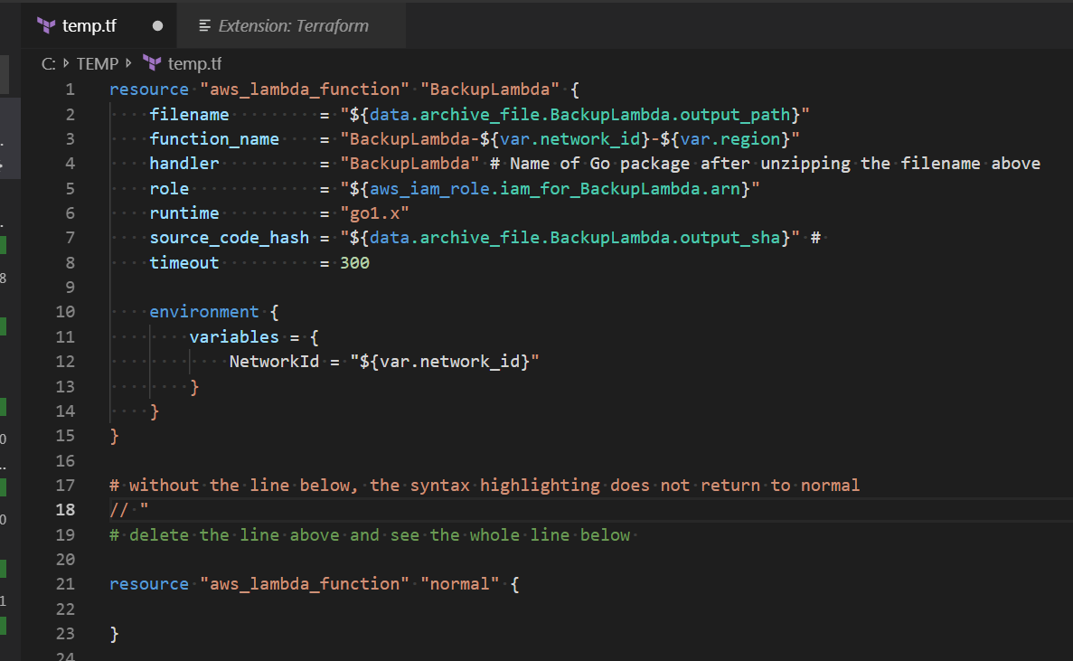 Syntax colouring doesn't return to normal · Issue #139 · hashicorp/vscode-terraform · GitHub