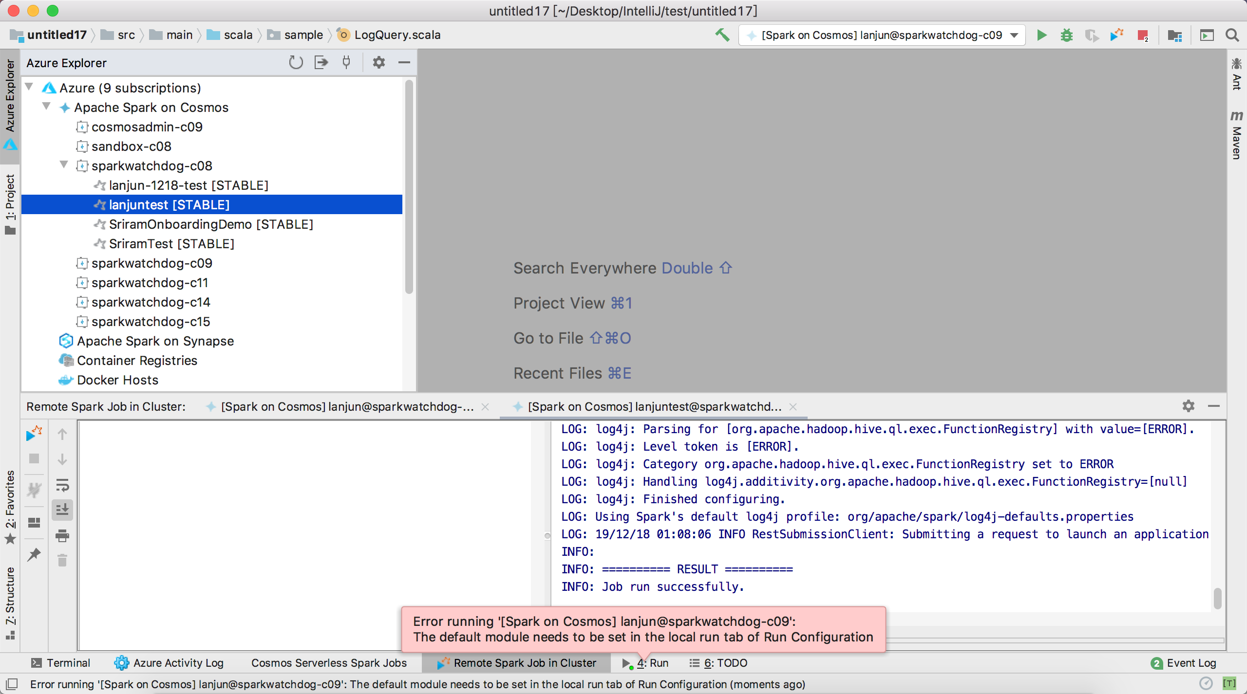 [IntelliJ][EAP][Spark on Cosmos]Failed to run Spark console by right-click to open edit ...