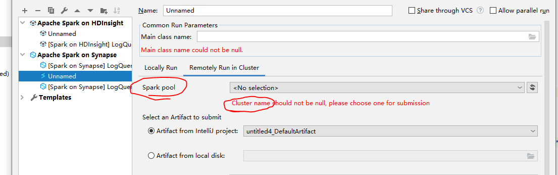 [IntelliJ][Config] The "cluster name" in the warning should be changed to "spark pool name" in ...
