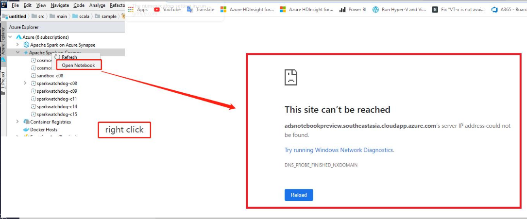 [IntelliJ][Spark on Cosmos] Open the Notebook in the right-click menu and display "This site can ...