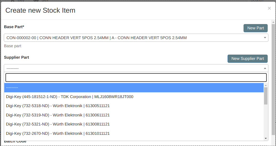Create new Stock item form: selecting "Base Part" won't refresh "Supplier Part" list · Issue ...
