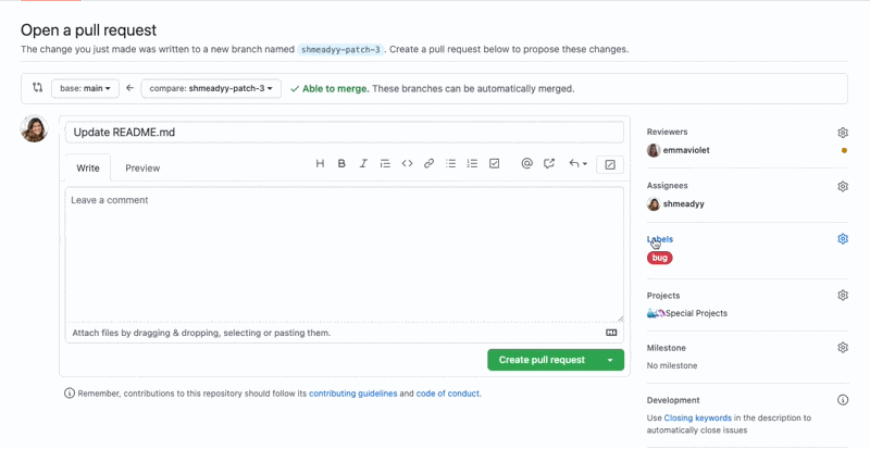 Sidebar contents (reviewers, assignees, labels and projects) are ...