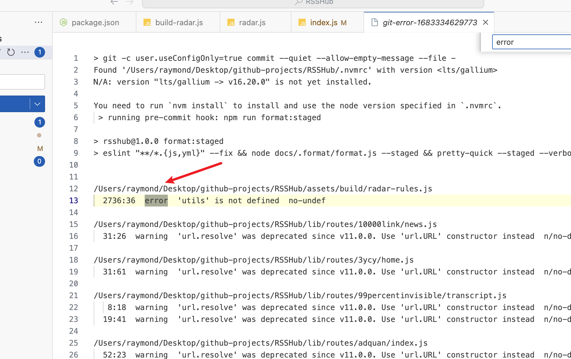 pre-commit report error after run build:radar · Issue #12454 · DIYgod/RSSHub · GitHub