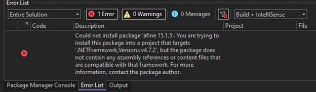 An error “Could not install package ‘afine 15.1.5’” occurs when installing deprecated package ...