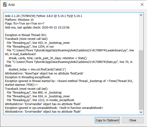Error when closing Anki before closing Leaderboard (Anki 2.1.26 ...