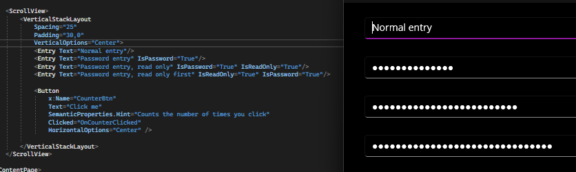Entry as plain text if IsPassword="True" and IsReadOnly="True" · Issue #8267 · dotnet/maui · GitHub