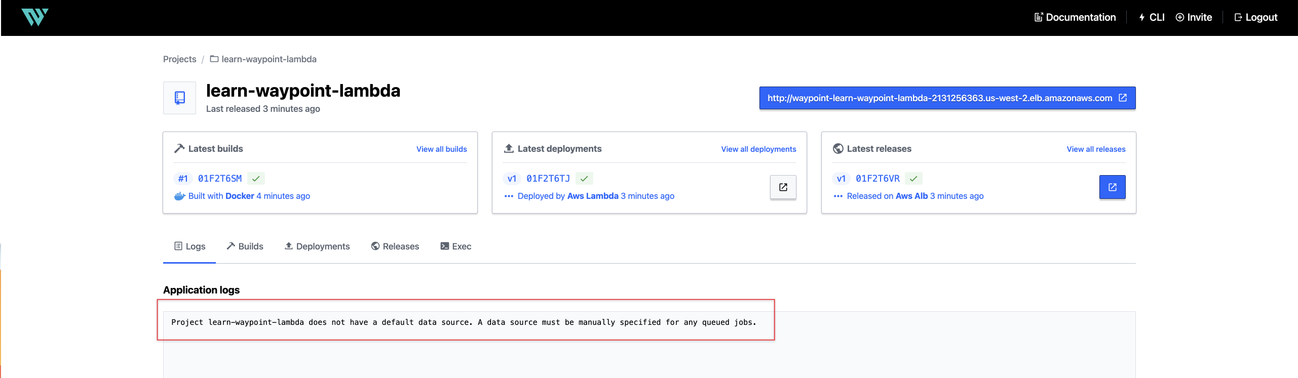 initializing a project via the CLI shows a message regarding data source when viewing logs in ...