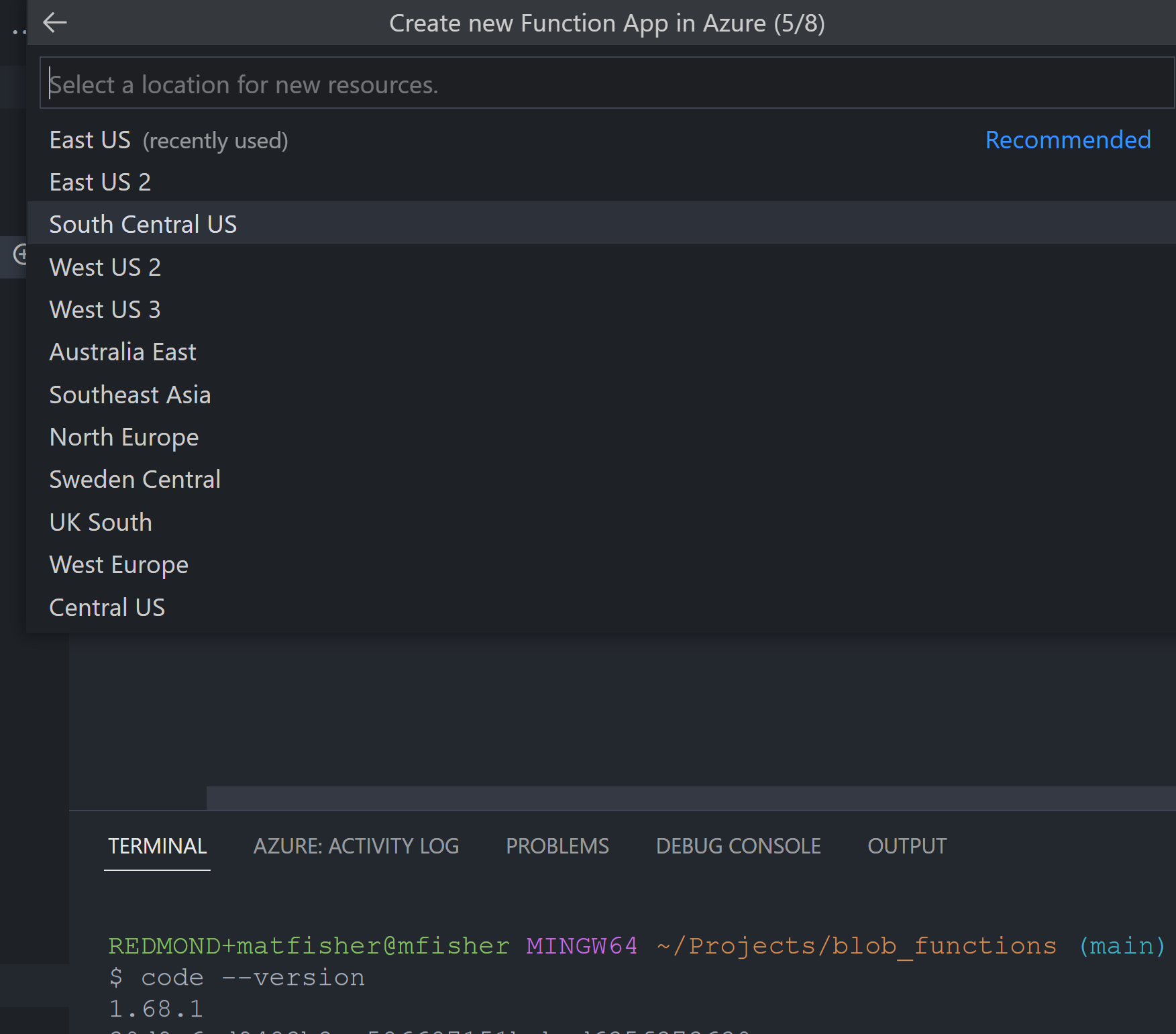 A11y_Azure Tools for VS Code_Azure Function_Select a location for new ...