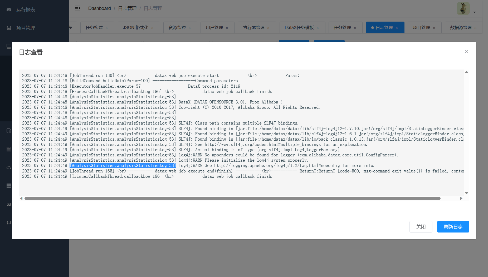 [QUESTION] 执行任务就结束了，好像是日志配置问题？请问怎么解决？ · Issue #631 · WeiYe-Jing/datax-web · GitHub