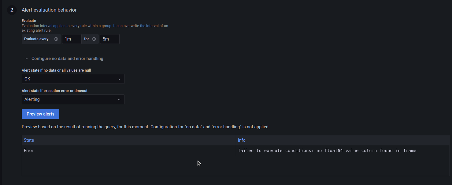 Unified Alerting: failed to execute conditions: no float64 value column found in frame - Azure ...
