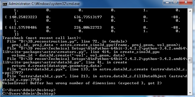 Python.exe has stopped working at line astra.create_sino(P, proj_id ...