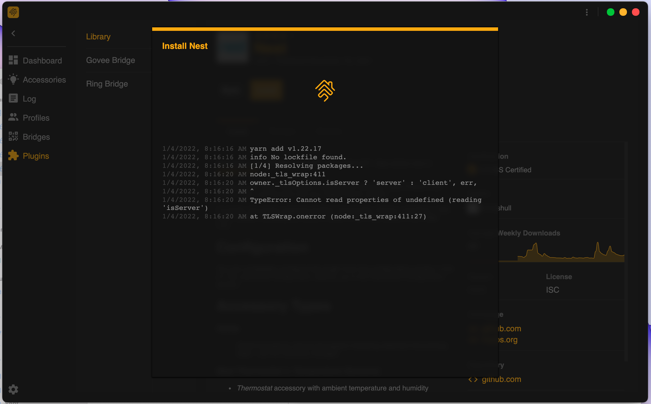 Cann't install the plugin on Hoobs 4.1.20 · Issue #489 · chrisjshull/homebridge-nest · GitHub