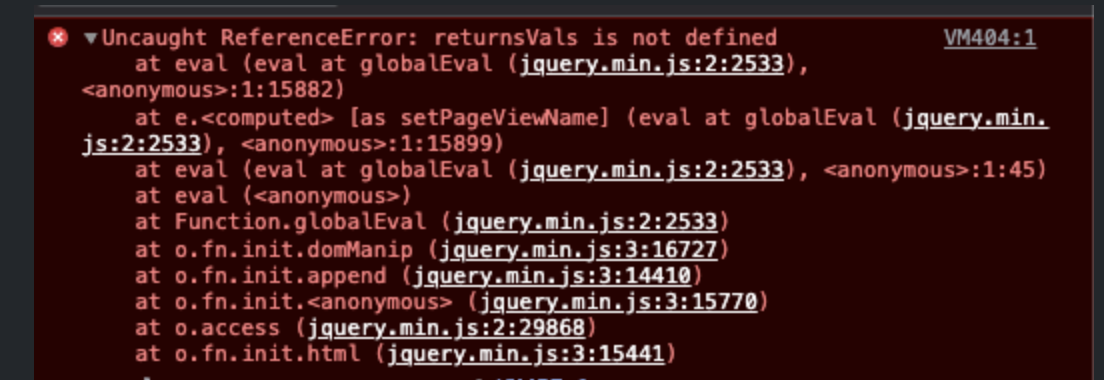 Uncaught Referenceerror Returnsvals Is Not Defined At Eval When Calling Setpageviewname With