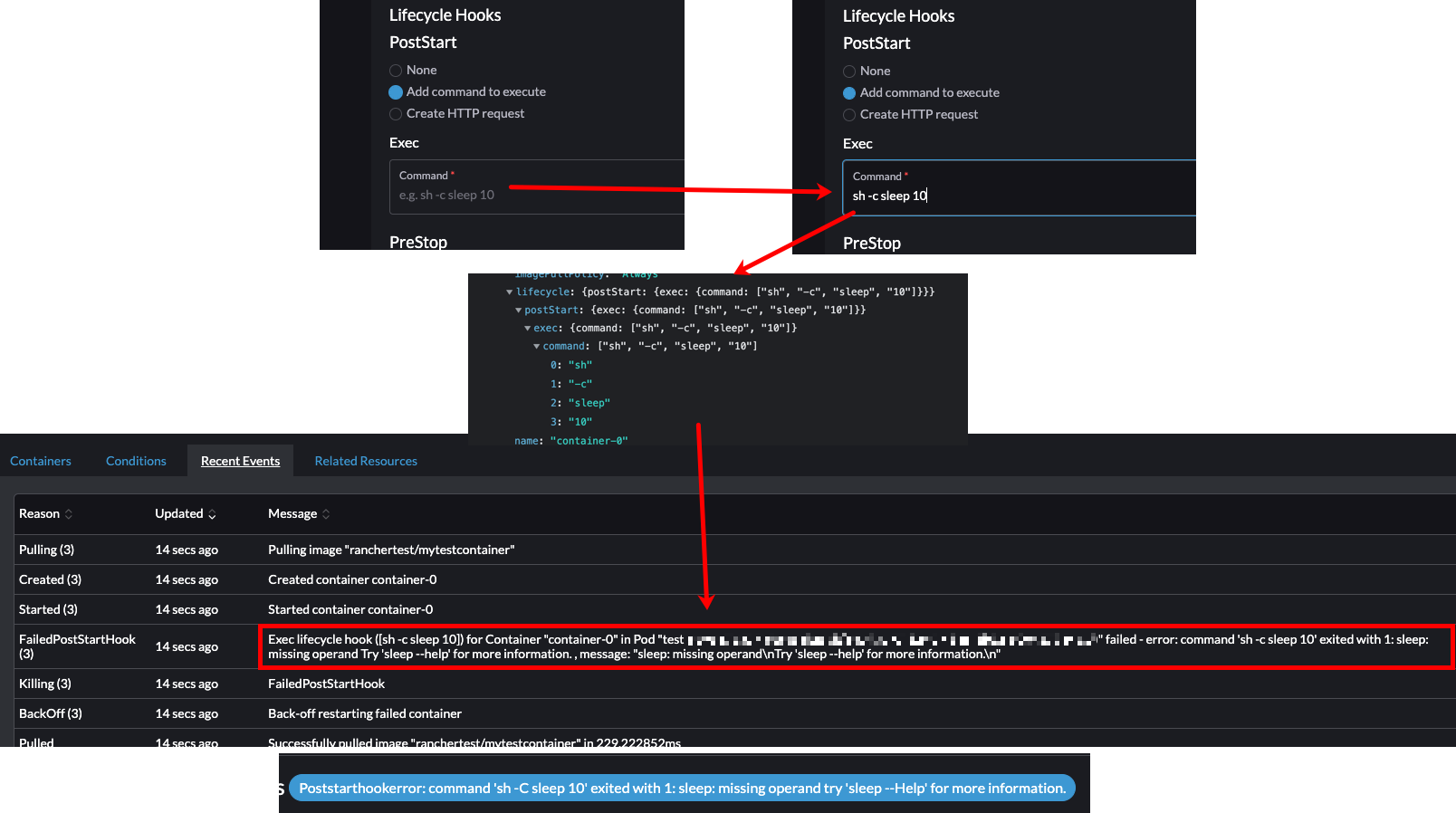Workloads | Lifecycle Hook | "Add command to execute" has an example in a placeholder which ...
