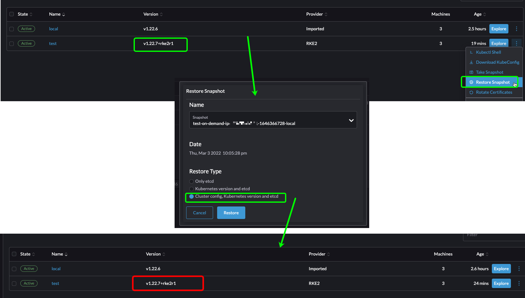 RKE2 | Custom cluster | etcd restore doesn't restore cluster state and k8s version · Issue #5320 ...
