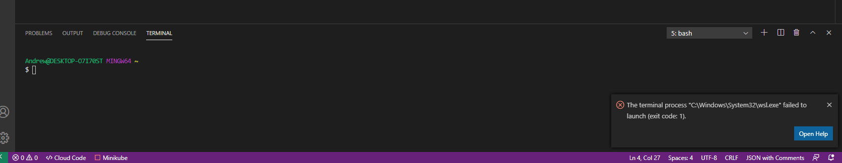 wsl.exe as default terminal, crashes with exit code 1 · Issue #106910 · microsoft/vscode · GitHub