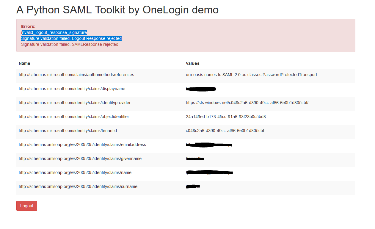 invalid_logout_response_signature Azure AD as IDP · Issue #252 · SAML-Toolkits/python3-saml · GitHub
