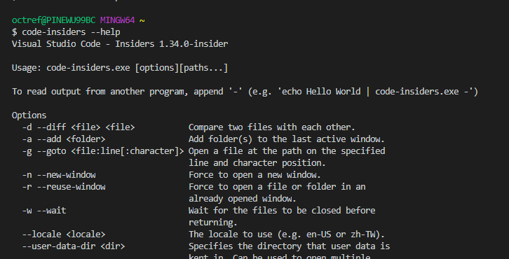 `code-insiders --help` has wrong format · Issue #73045 · microsoft/vscode · GitHub