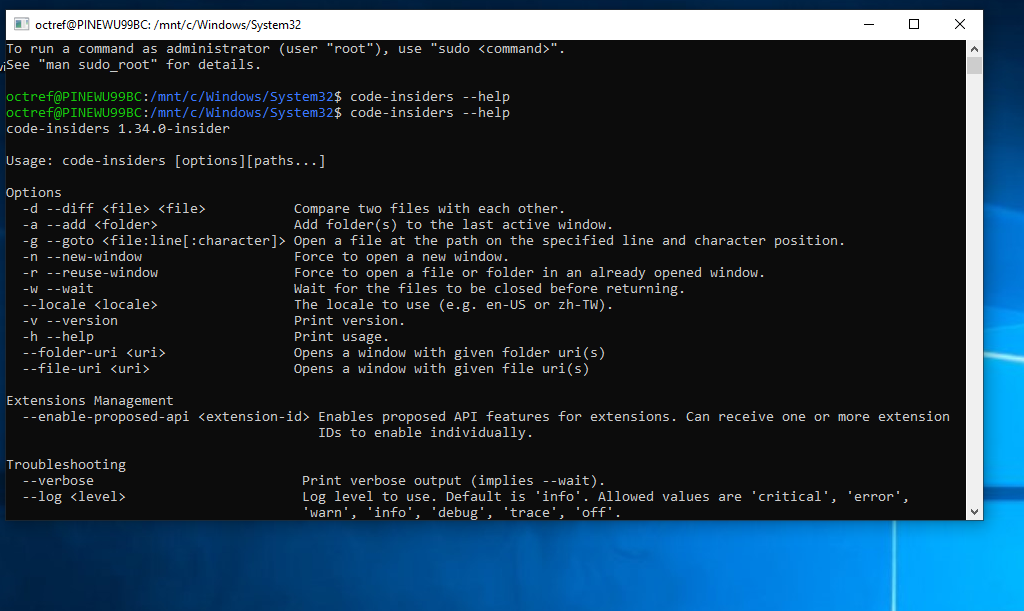 `code-insiders --help` has wrong format · Issue #73045 · microsoft/vscode · GitHub