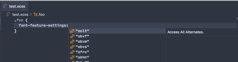 css font-feature-settings autocomplete: c2sc · Issue #77441 · microsoft/vscode · GitHub