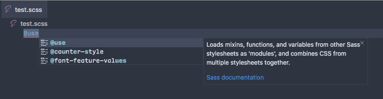 Link to official documentation in completion of new SCSS syntaxes ...