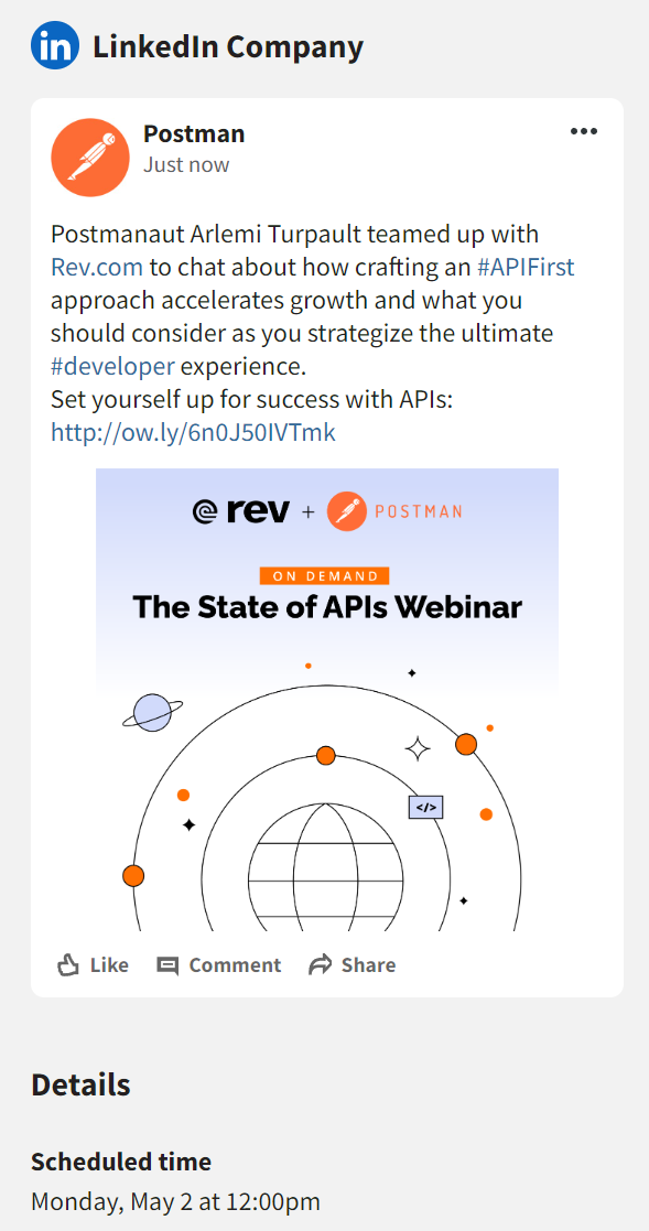 Share Arlemi's talk with Rev.com on socials · Issue #153 · postmanlabs/devrel-content · GitHub