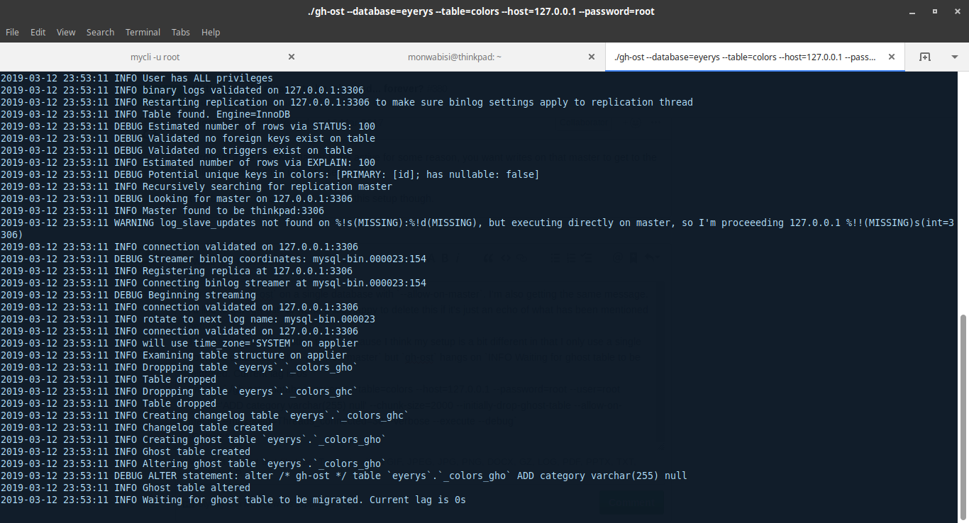 Waiting for ghost table to be migrated... forever? · Issue #380 · github/gh-ost · GitHub