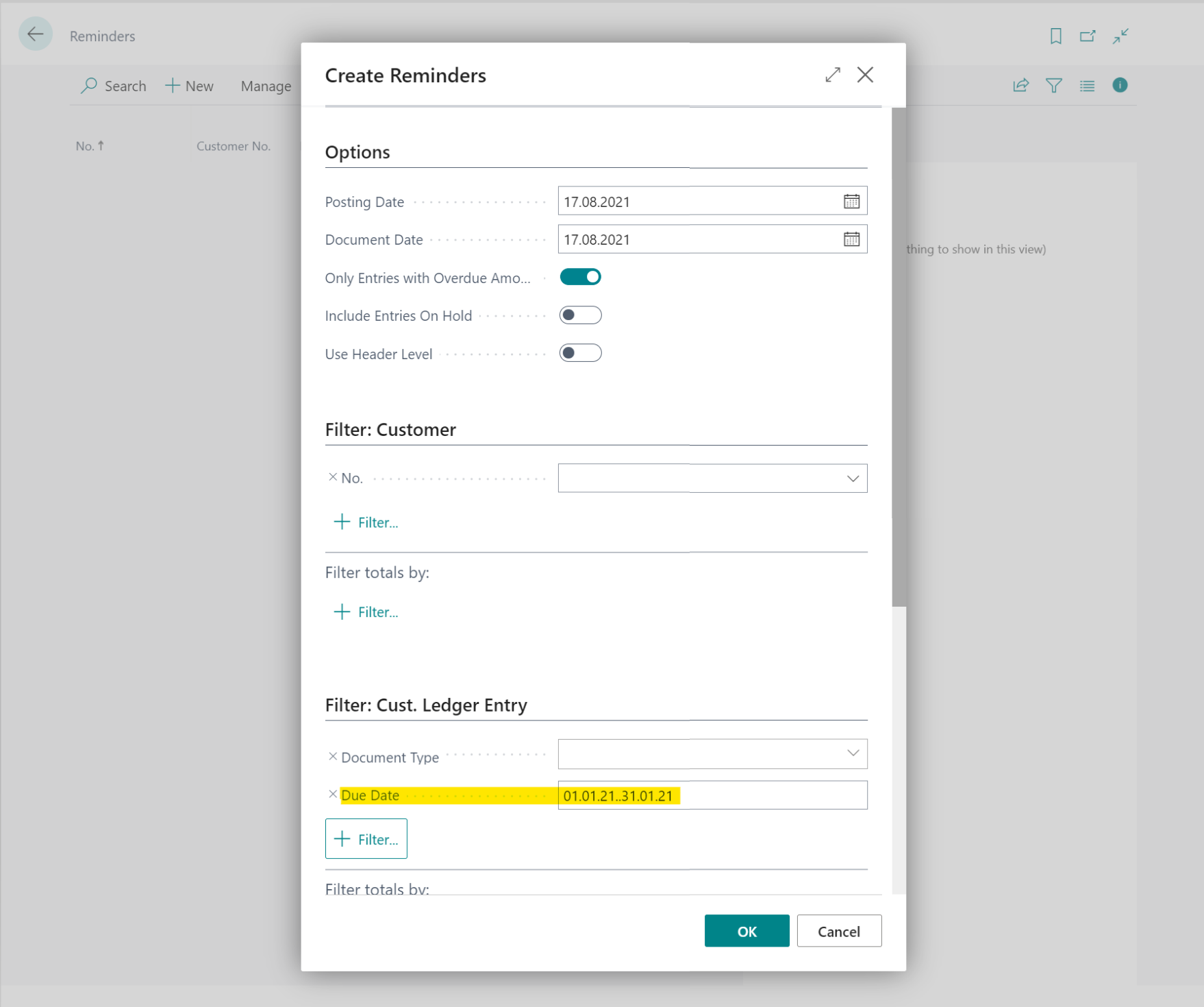 [feature-request] Filtering "Cust. Ledger Entries" for "Due Date" should affect "Create ...