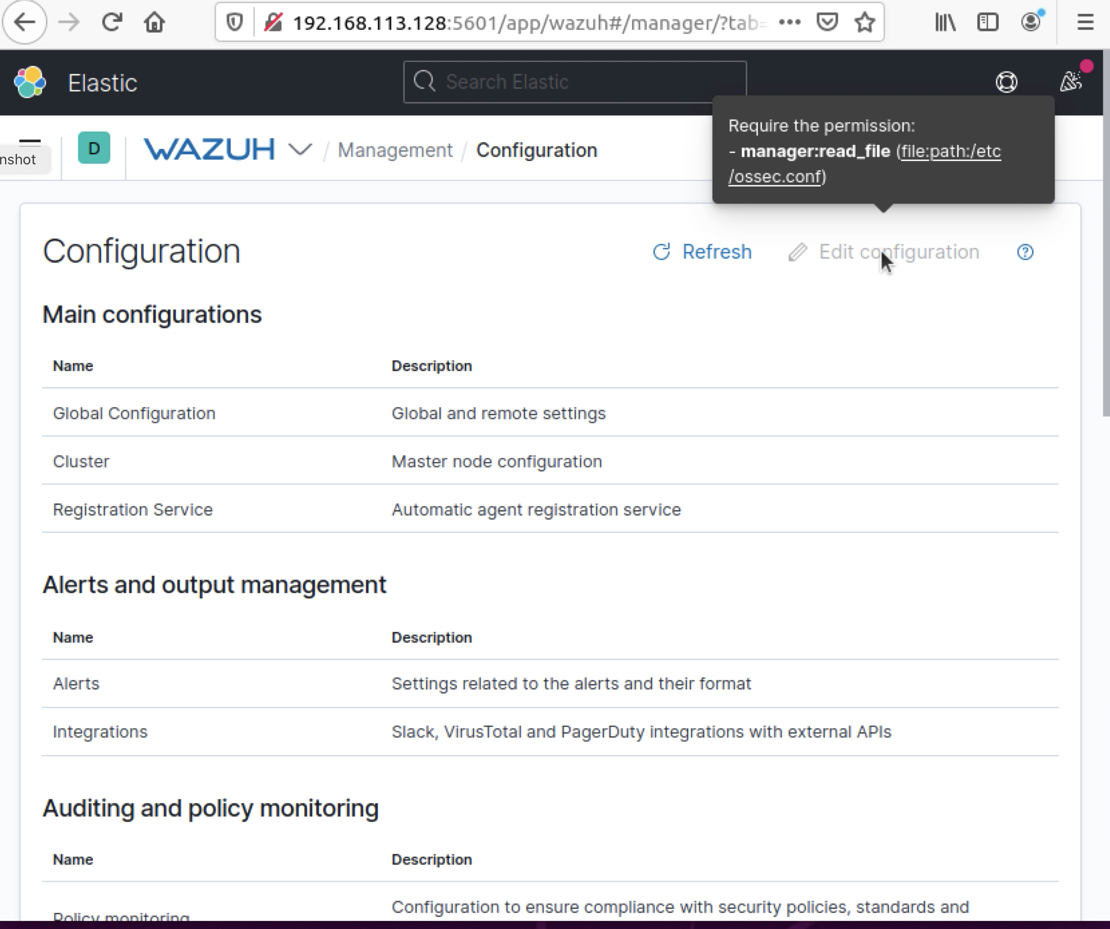Require the permission - manager:read_file (file:path:/etc/ossec.conf) · Issue #3195 · wazuh ...