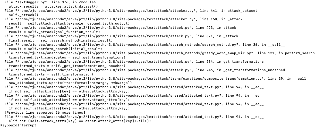 The attacked_text is recursively called with no stop when using TextBugger attack. · Issue #690 ...