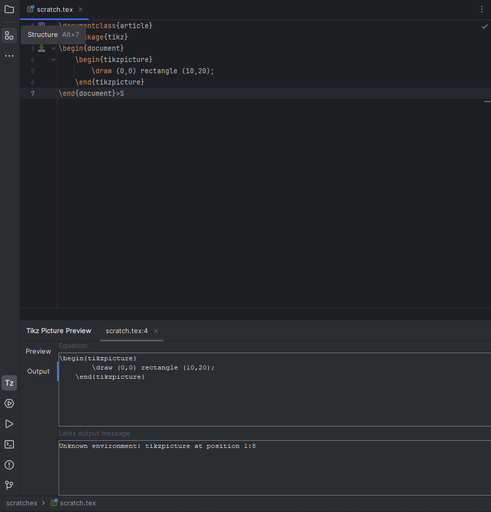 TikZ/Math Preview not working: Unknown environment: tikzpicture/equation* at position ...