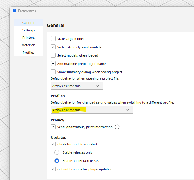 Lose Profile settings when changing Filament · Issue #14767 · Ultimaker/Cura · GitHub