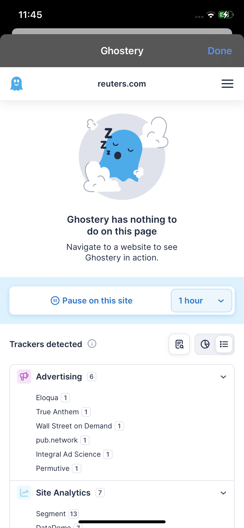 "Ghostery has nothing to do on this page" on Ghostery panel after turning on the smartphone ...