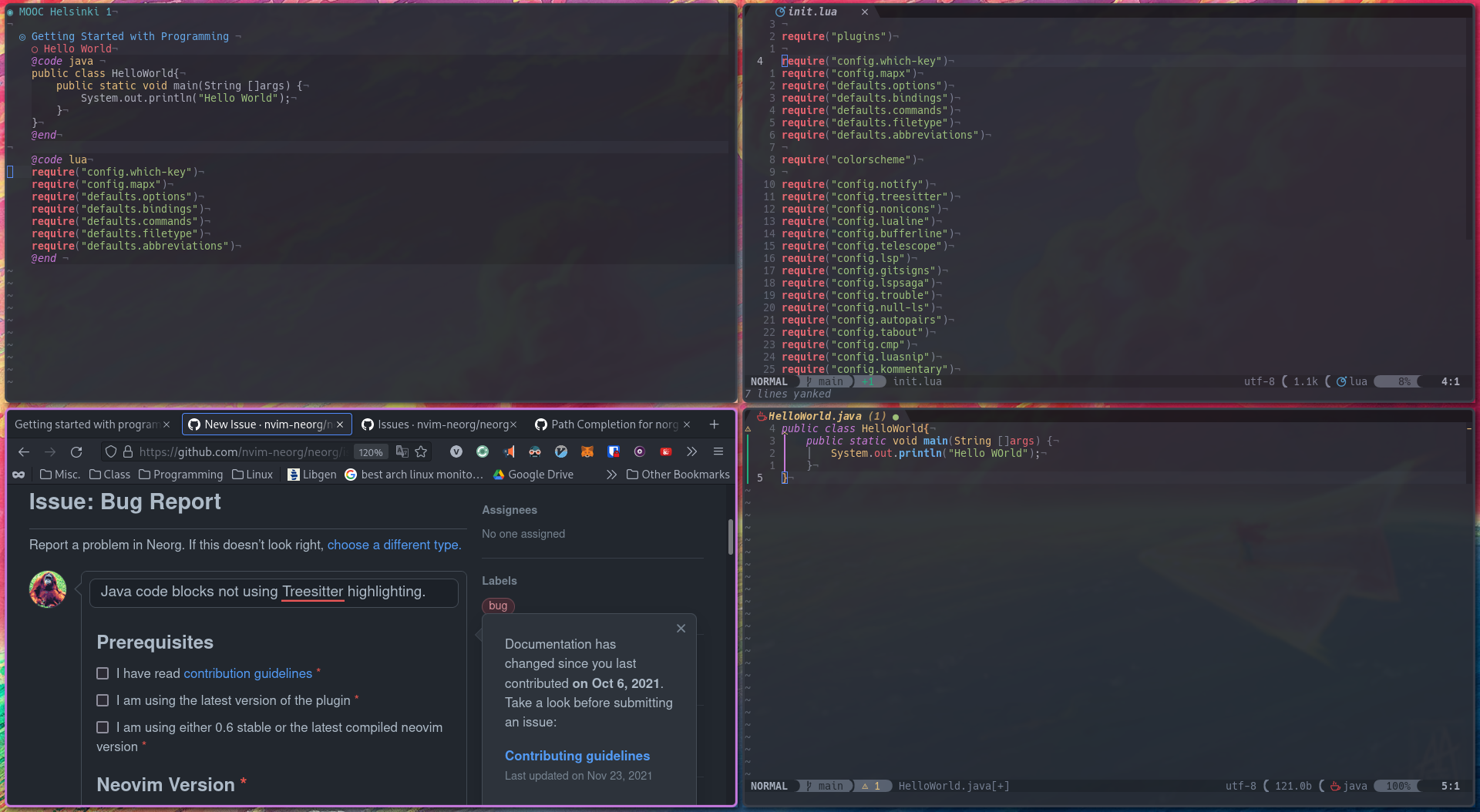Java code blocks not using Treesitter highlighting. · Issue #340 · nvim-neorg/neorg · GitHub