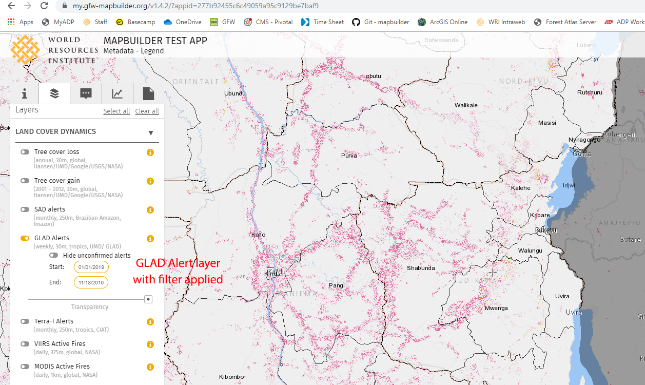 After filtering GLAD Alert layer by date and sharing the GLAD date ...