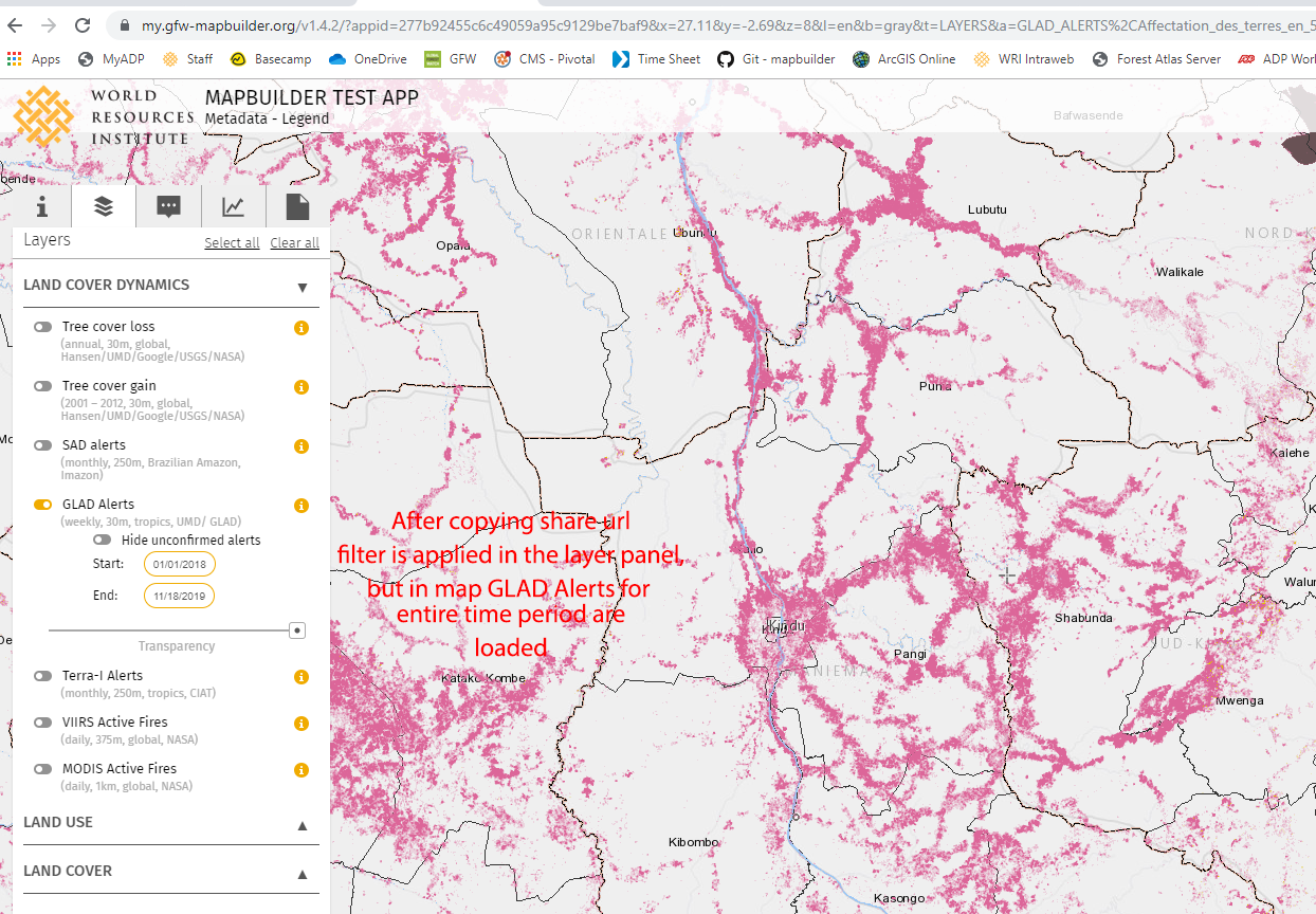 After filtering GLAD Alert layer by date and sharing the GLAD date ...