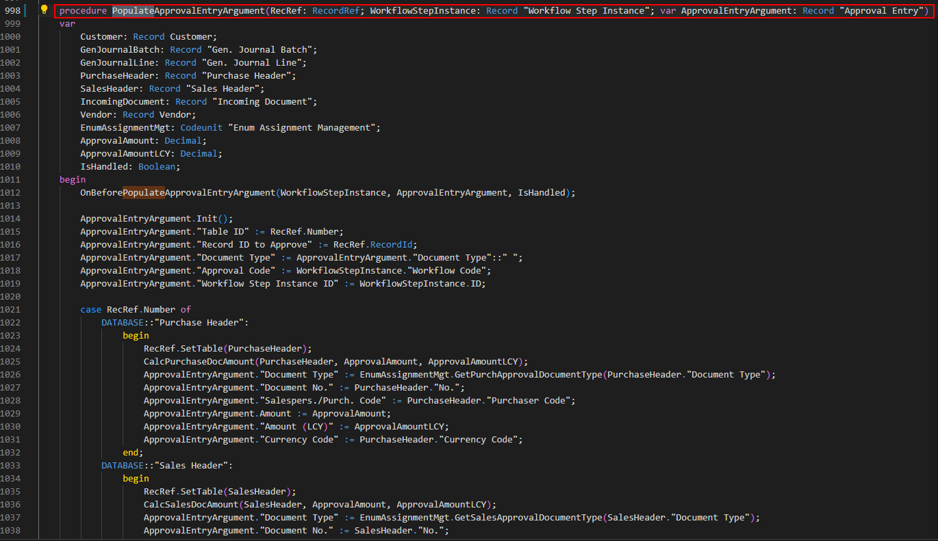 Local to Global procedure PopulateApprovalEntryArgument - request codeunit 1535 "Approvals Mgmt ...