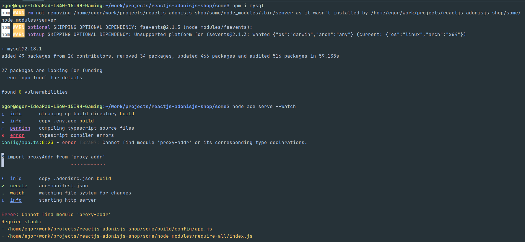 After install mysql - "Cannot find module 'proxy-addr' or int corresponding type declarations ...