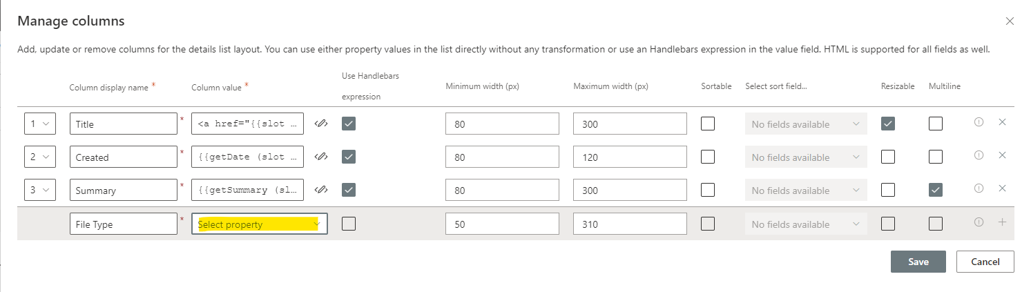 'Search Results' web part > 'Manage columns' does not allow me to select properties to add new ...