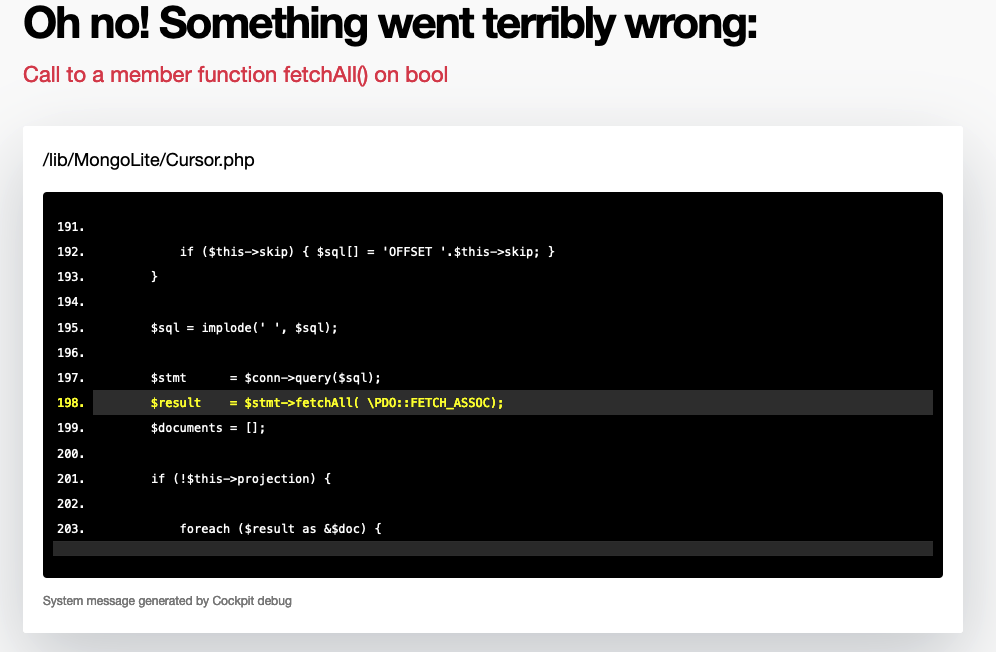 Uncaught Error: Call to a member function fetchAll() · Issue #1322 · agentejo/cockpit · GitHub
