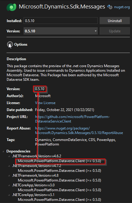 Microsoft.Dynamics.Sdk.Messages 0.5.10 contains an outdated version of the "Client" dependency ...