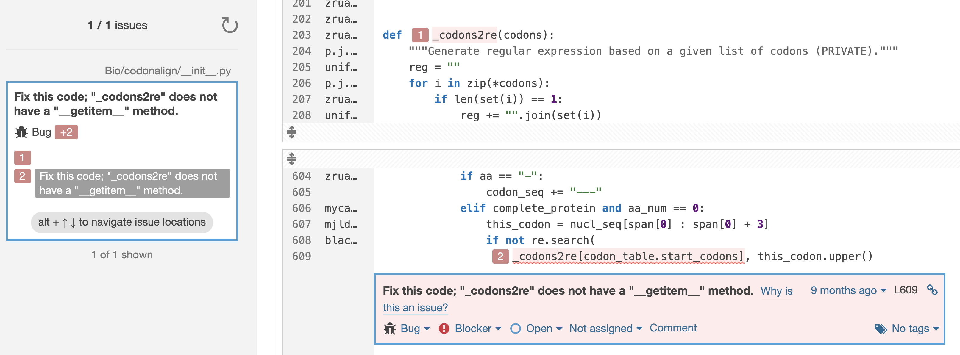 "__getitem__" called by mistake on "_codons2re" function · Issue #3293 · biopython/biopython ...