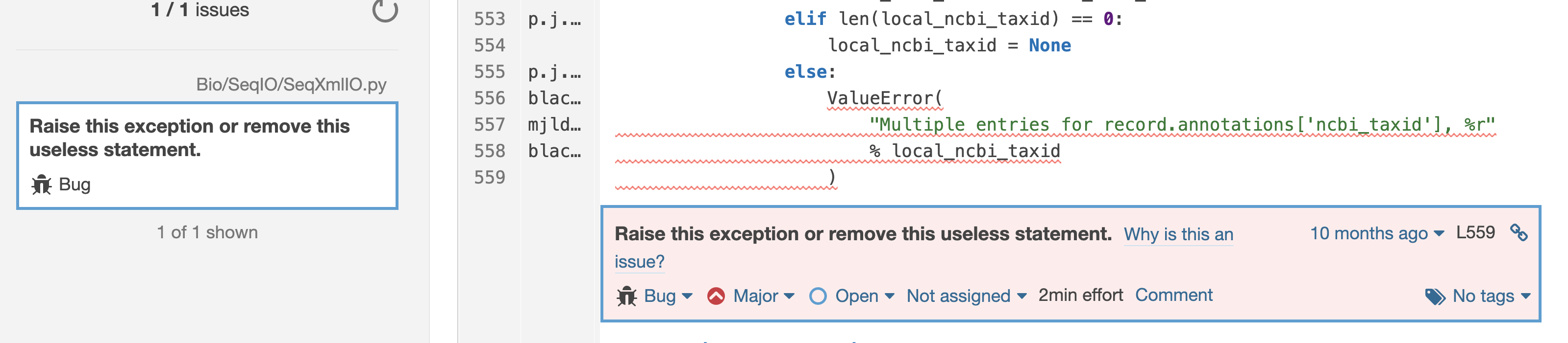 Exception not raised in "SeqXmlWriter._write_species" because the "raise" keyword is missing ...