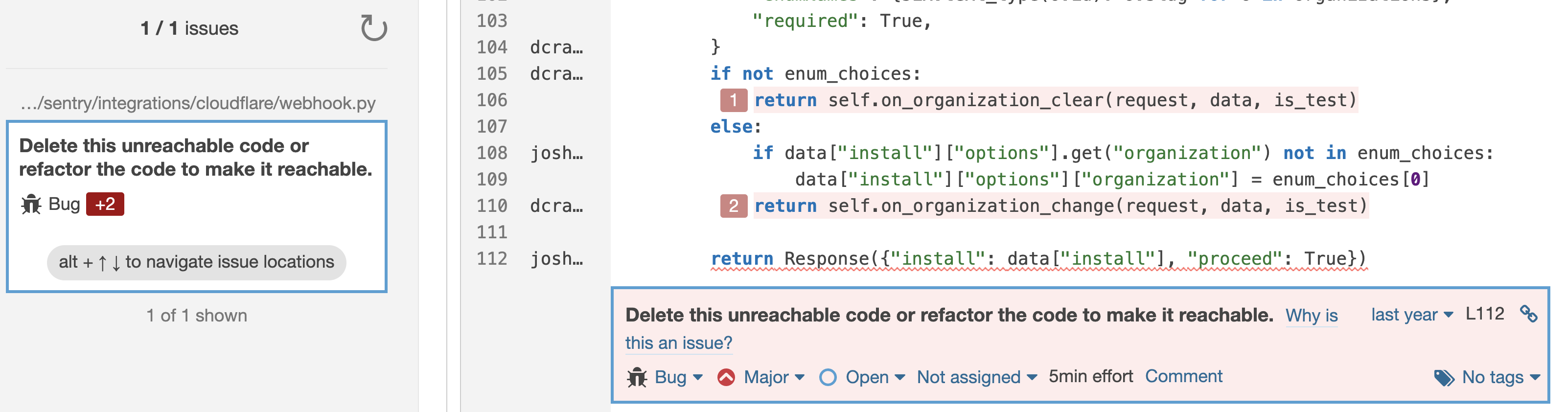 Unreachable return statement in "CloudflareWebhookEndpoint.on_account ...